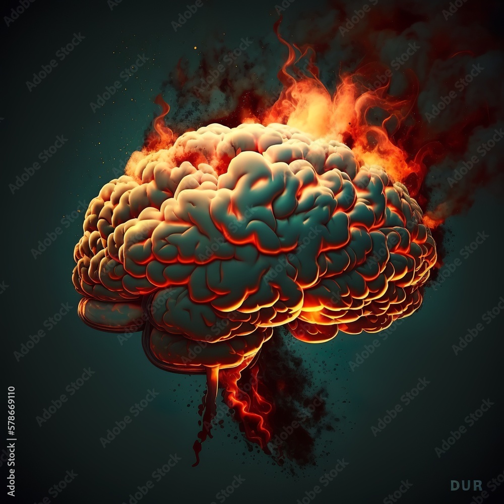 The human brain is red-hot from high mental activity, hot fire smokes ...