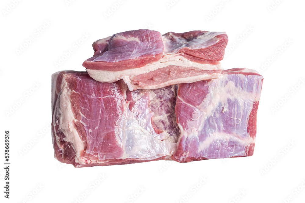 Raw pork belly with skin on a butcher table. Isolated, transparent ...