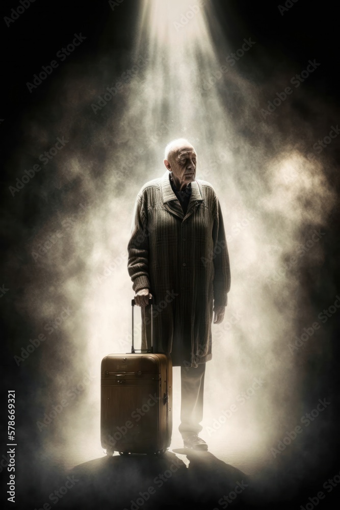 Old man with suitcase in a ray of light. Life and death, final ...