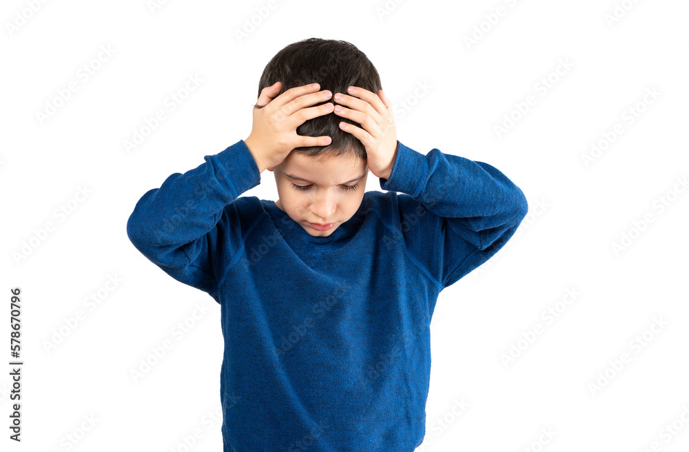 Little boy hispanic kid wearing casual clothes with hand on head ...