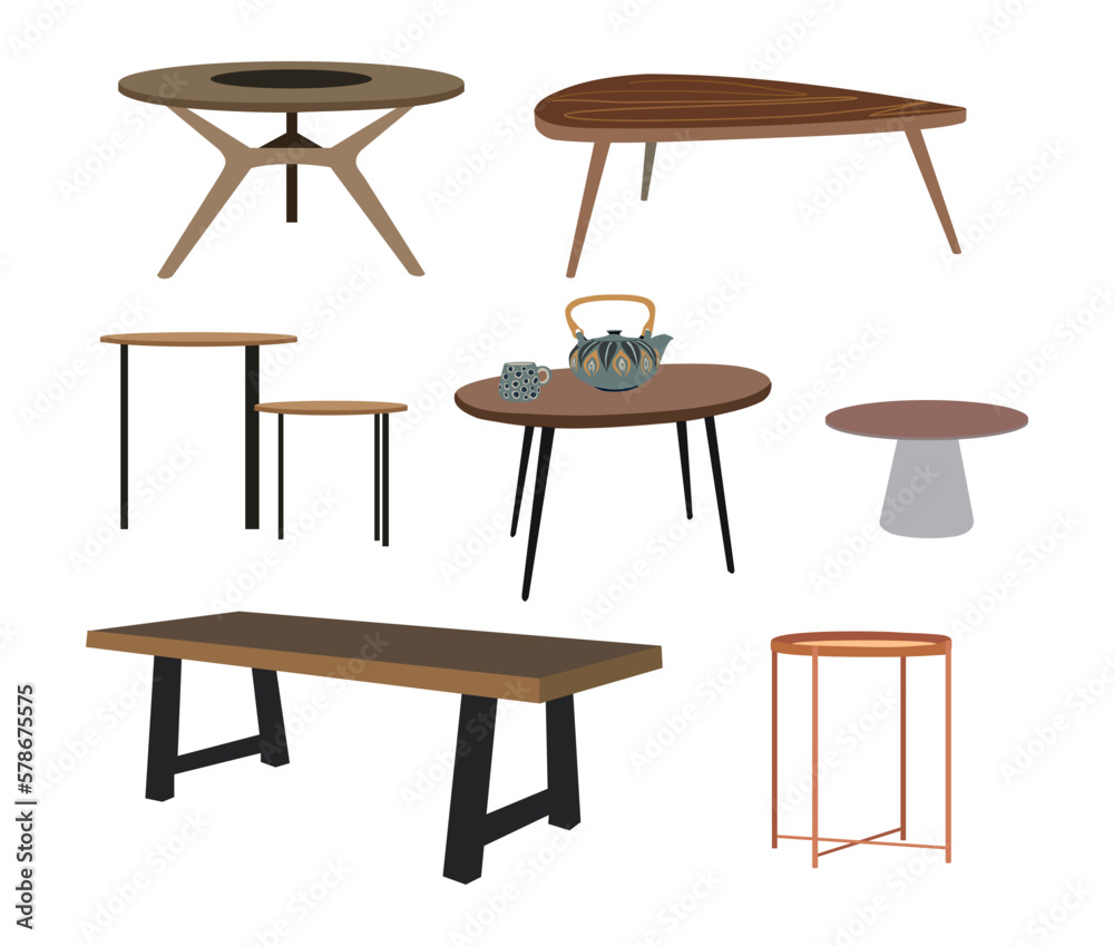 Table set. Modern trendy dining furniture, coffee tables, different ...