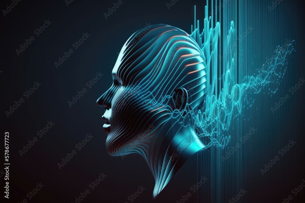 3D digital human face in abstract sound data wave flow. Futuristic had ...