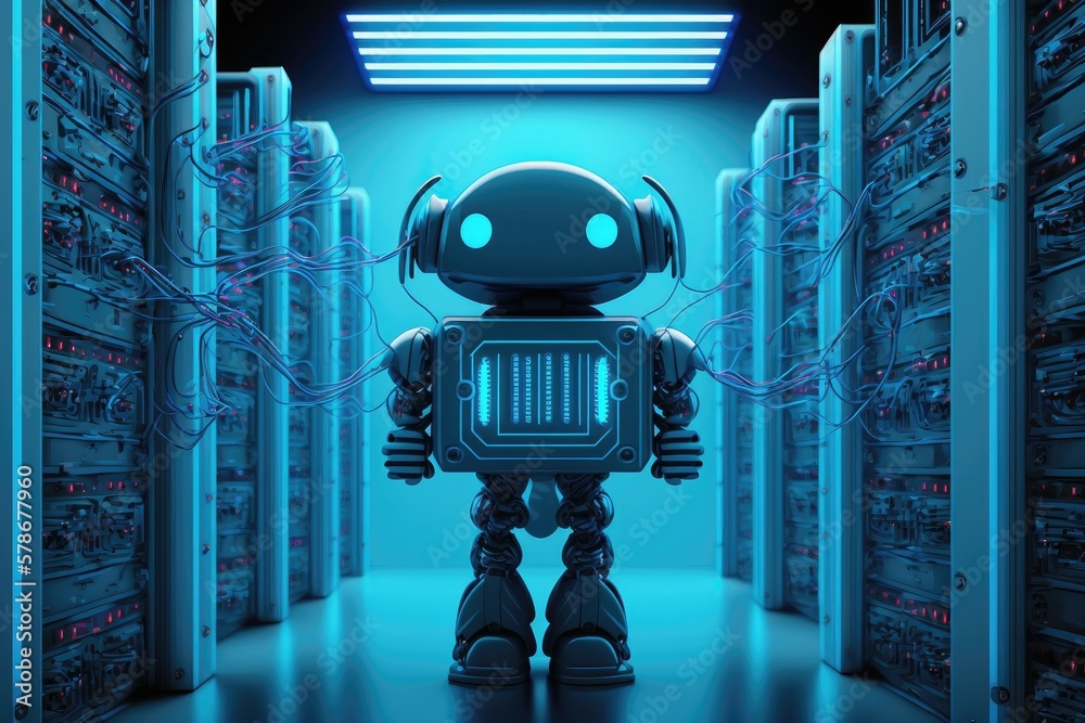 3D cute robot in data center and computer servers room blue background ...
