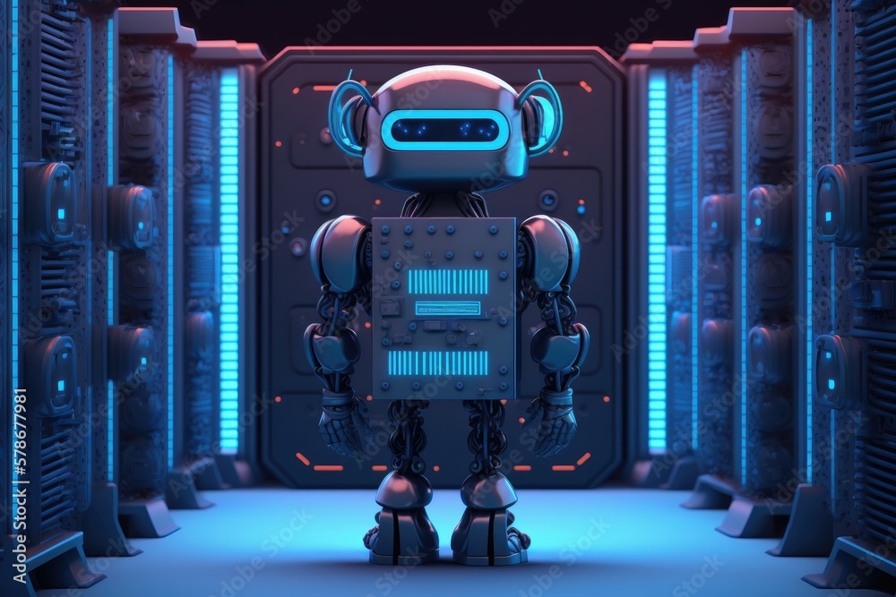 3D cute robot in data center and computer servers room blue background ...