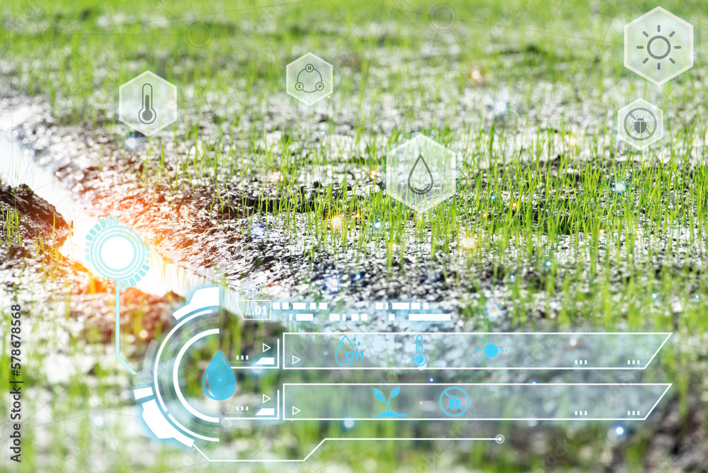 Smart farm digital icon and futuristic AI data infographic of Watering ...