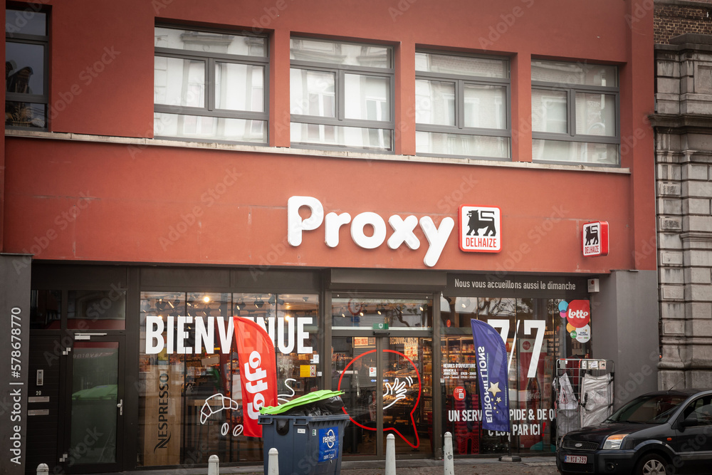 LIEGE, BELGIUM - NOVEMBER 9, 2022: Logo of Proxy Supermarket Delhaize ...