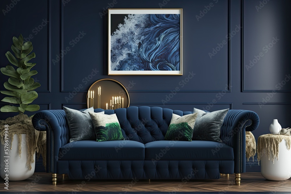 Dark blue or blueberry colored walls serve as a blank canvas on which ...