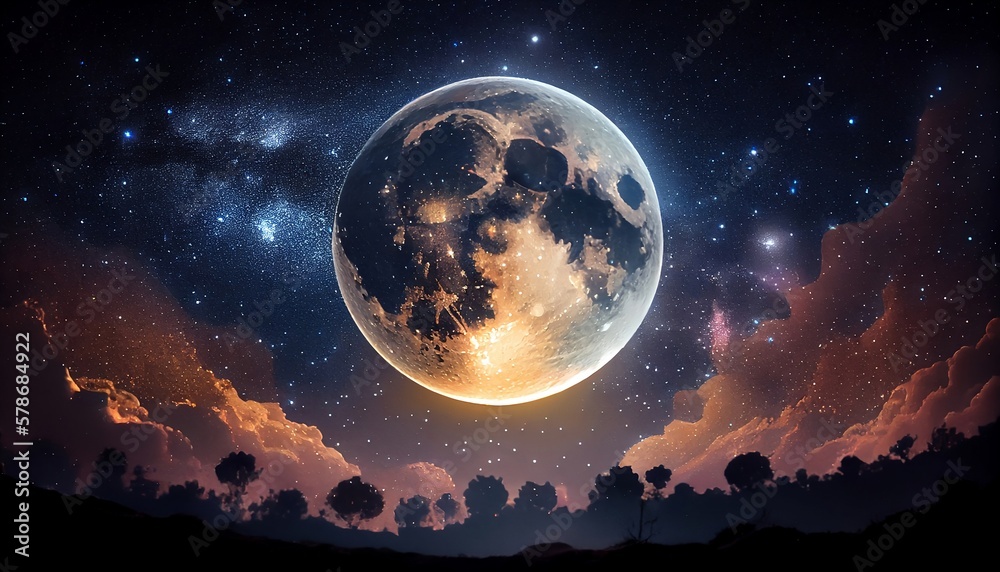 A glittery night sky, with a full moon and shimmering stars in the ...