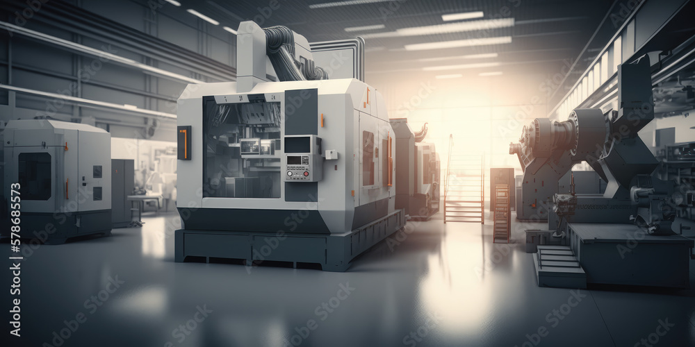 A modern factory with CNC milling machines. A bright ultra clean ...
