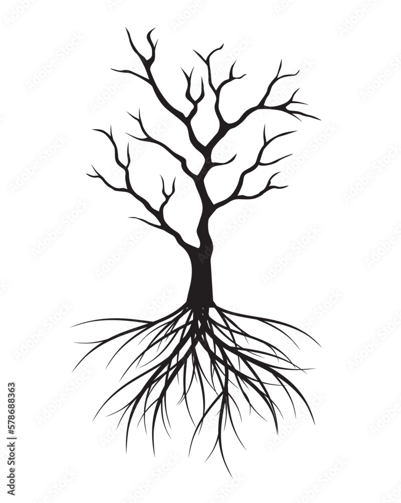 Black Tree with Roots. Vector outline Illustration. Stock Vector ...