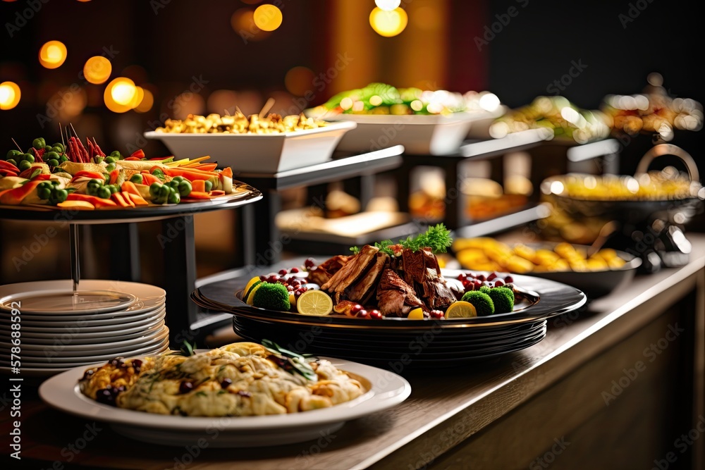 party eats and tableware set out on a buffet. the idea behind setting up banquets. Food service ...