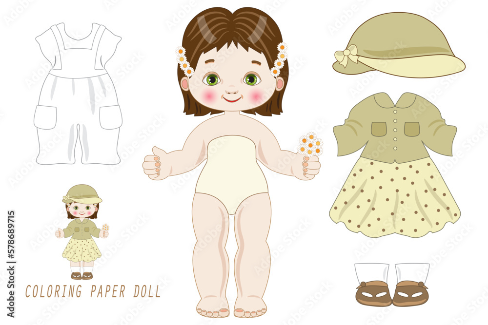 Dress-up paper doll with clothes to cut out and a dress to color Stock ...