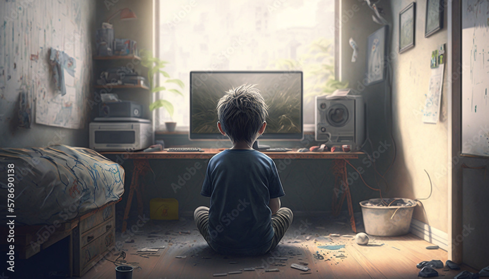 Generative Ai. young boy playing on computer in his bedroom v2 Stock ...