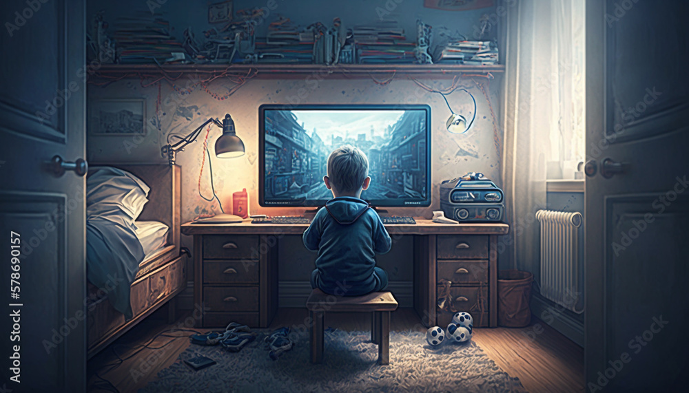 Generative Ai. young boy playing on computer in his bedroom v4 Stock ...