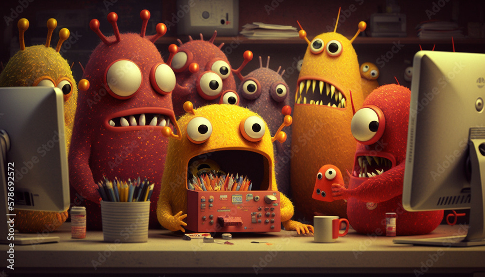 Generative Ai. Monsters in the work place Stock Illustration | Adobe Stock