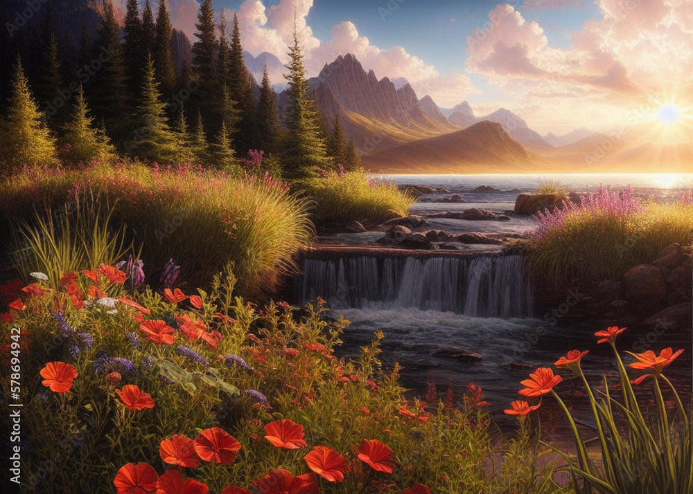 a stream running through a lush green forest, bright yellow and red sun ...