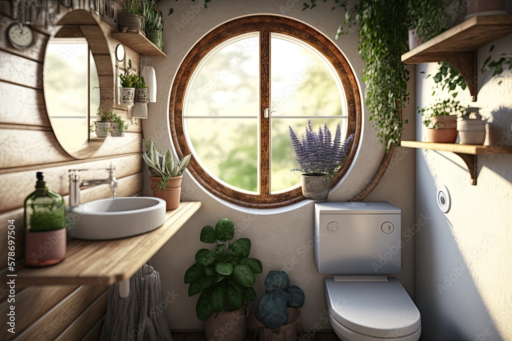 Scene from inside a compact lavatory, showing the window, some wooden ...