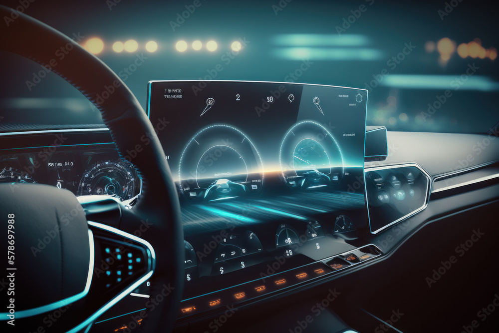 interior of futuristic autonomous car and dashboard display with many ...