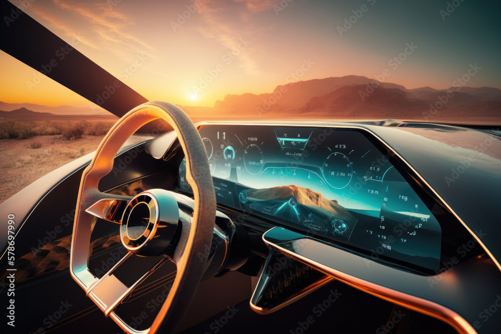 interior of futuristic autonomous car and dashboard display with many ...
