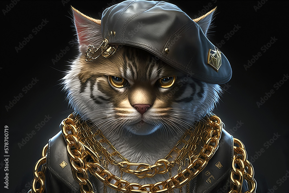 cat rapper boss in gangsta style with gold chains. Thug life concept ...