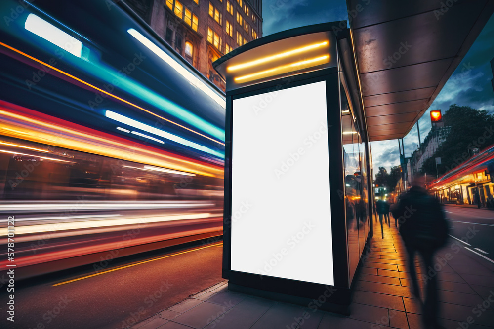 Mockup of blank advertising light box on the bus stop with people ...