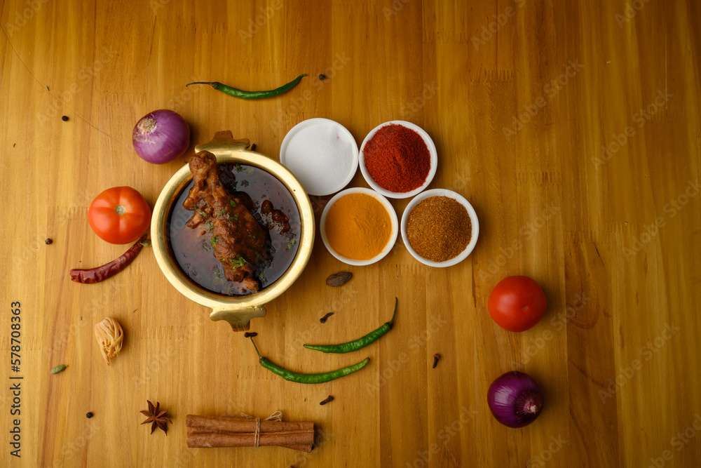 Spicy Reddish saoji Chicken Curry Masala,with prominent Leg Piece ...