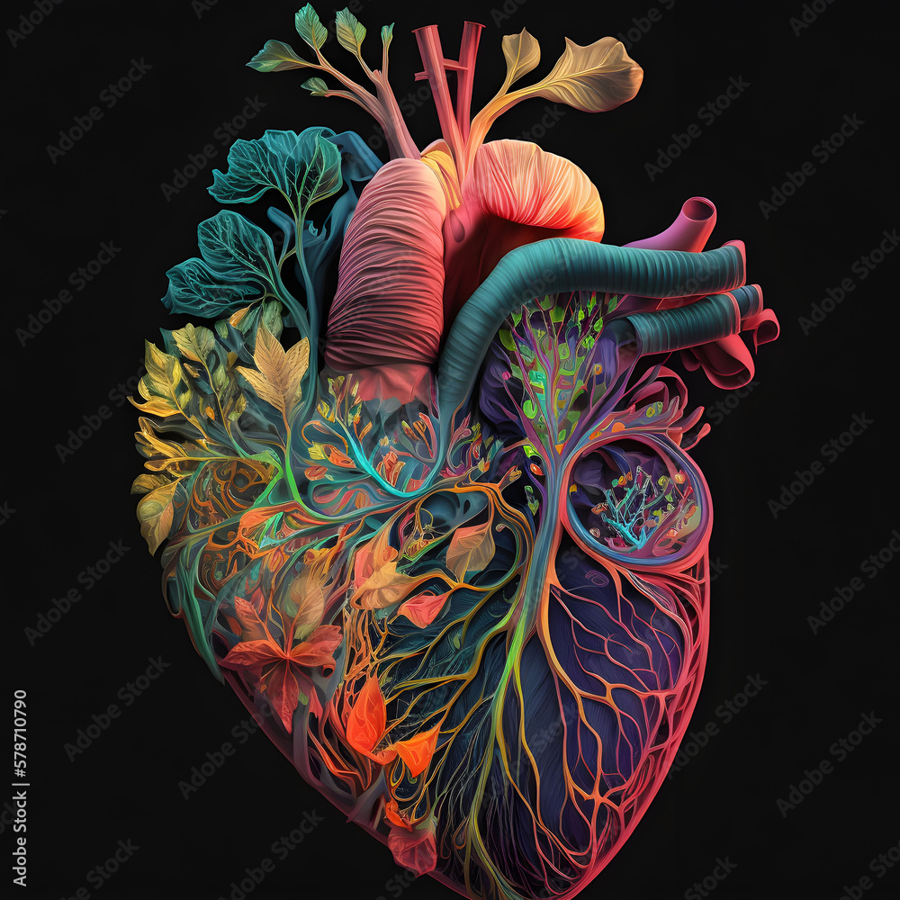 Human heart anatomy with colorful flowers and black background ...