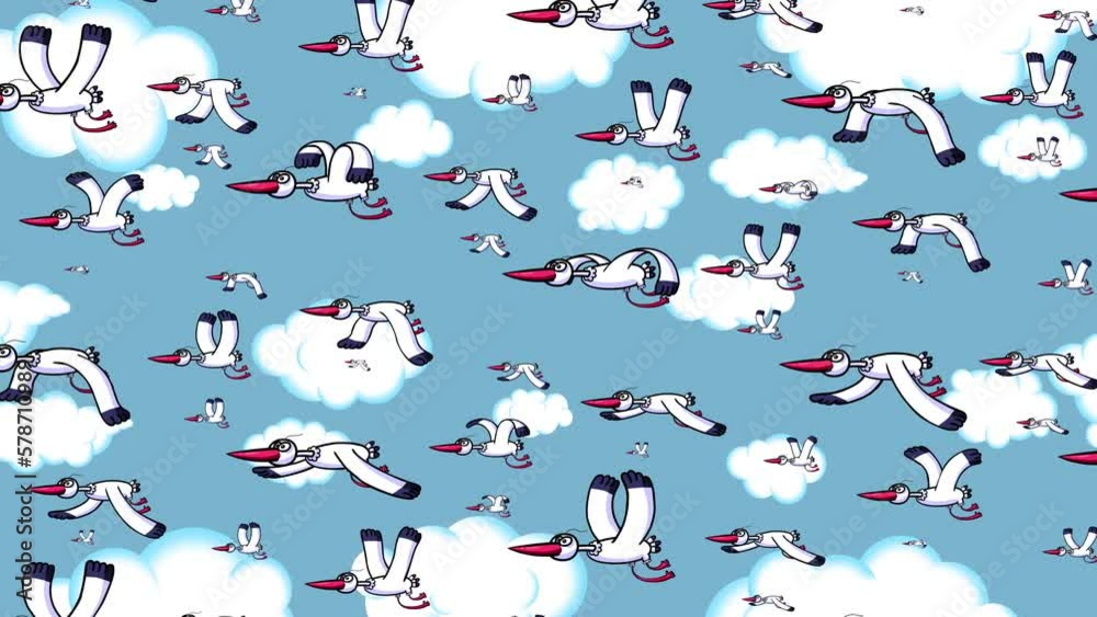 Storks characters wallpaper flying on clouds and sky background. Cute ...