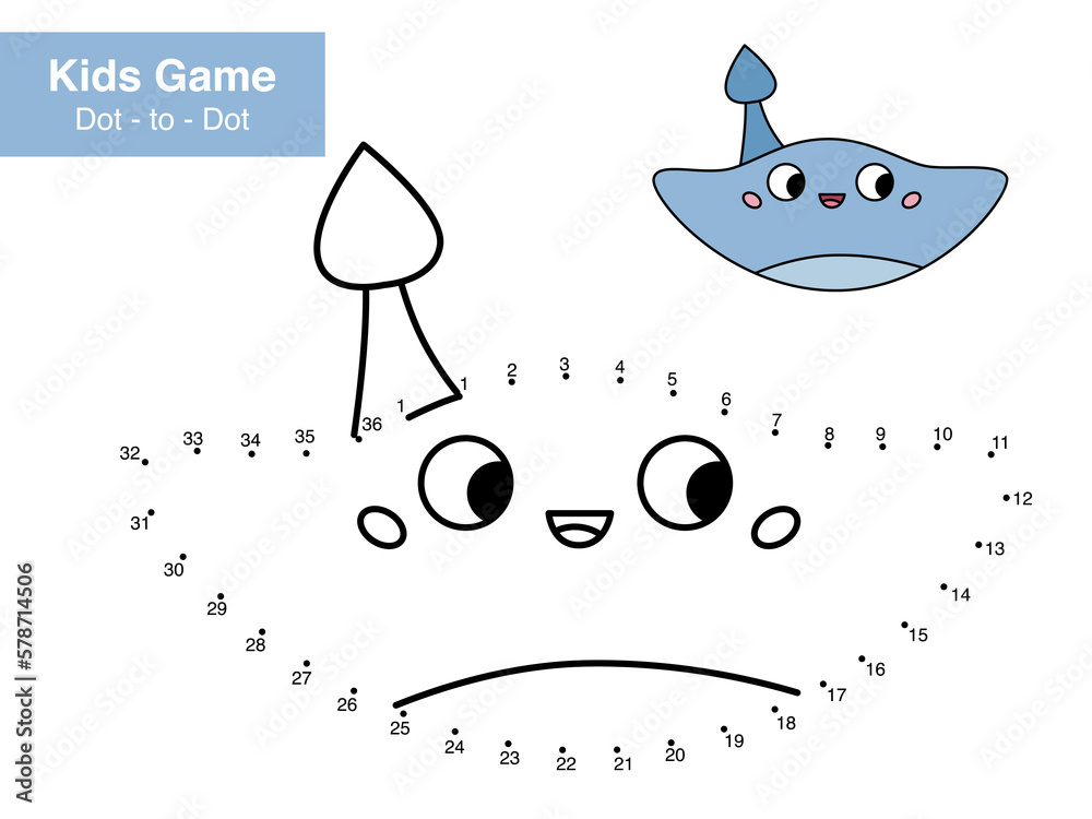 Educational number game. Dot to dot. Cute stingray. Cartoon sea animals ...