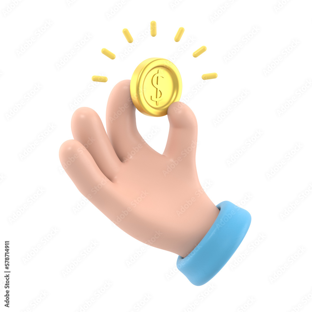 Transparent Backgrounds Mock-up.3d Icon hand with gold coin. Money ...