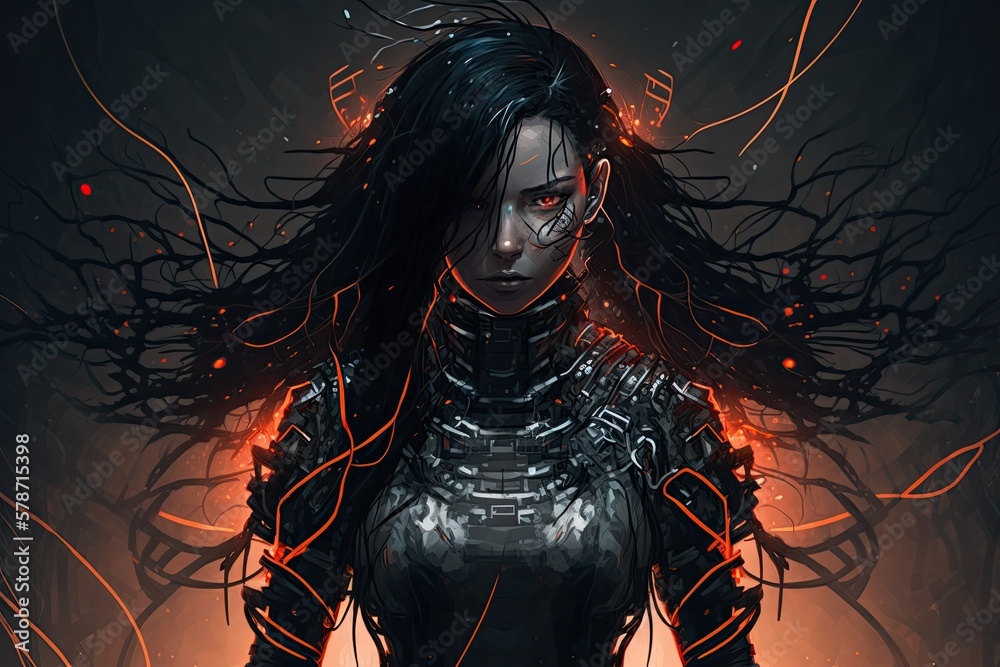 Sci fi cyborg girl standing in the darkness, digital drawing with long ...