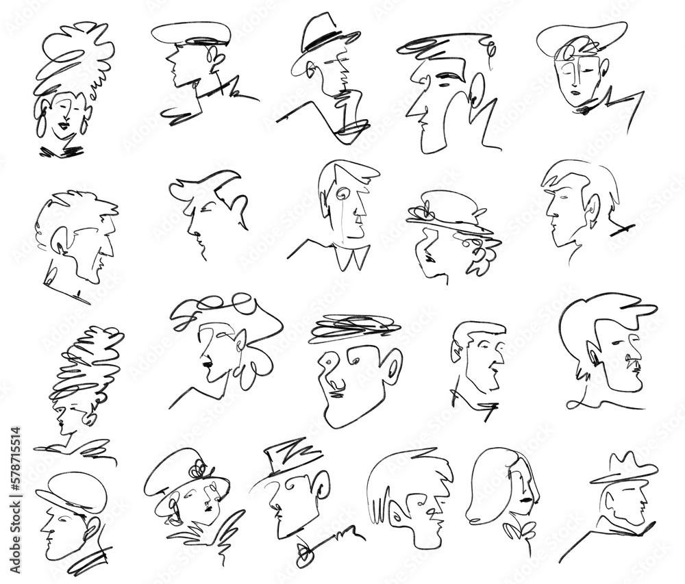 Big Series of hand-drawn Line Sketches of People's Faces Stock 일러스트레이션 ...
