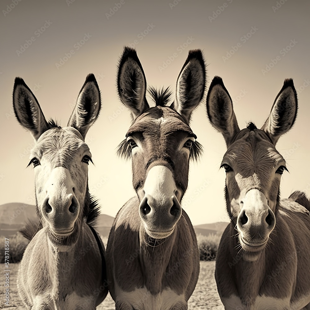 Ilustrace „3 donkeys are staring at you rare nature photo of 4 donkeys ...