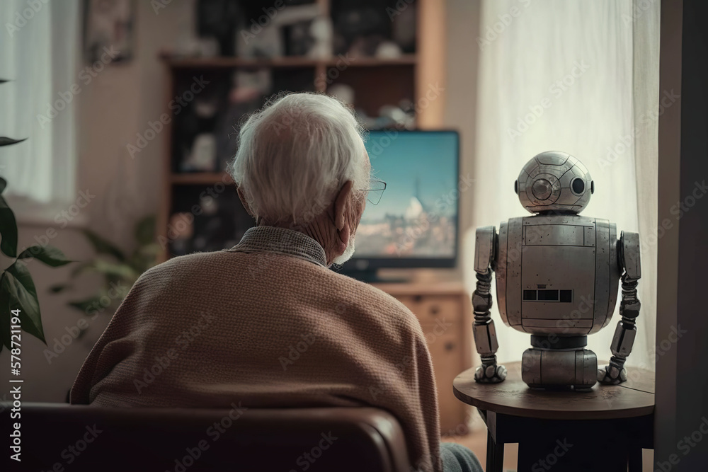 Elderly man talking at home with a robot assistant , concept of Elderly ...