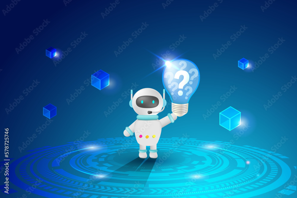AI chat bot holding lightbulb with questions generating smart solution ...