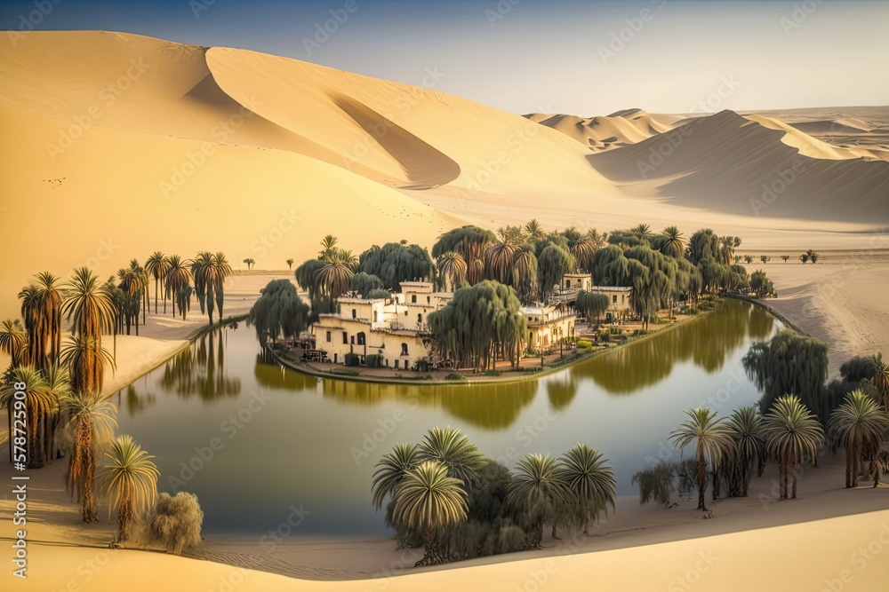 Peruvian desert in Ica city, with a small oasis close by (the ...
