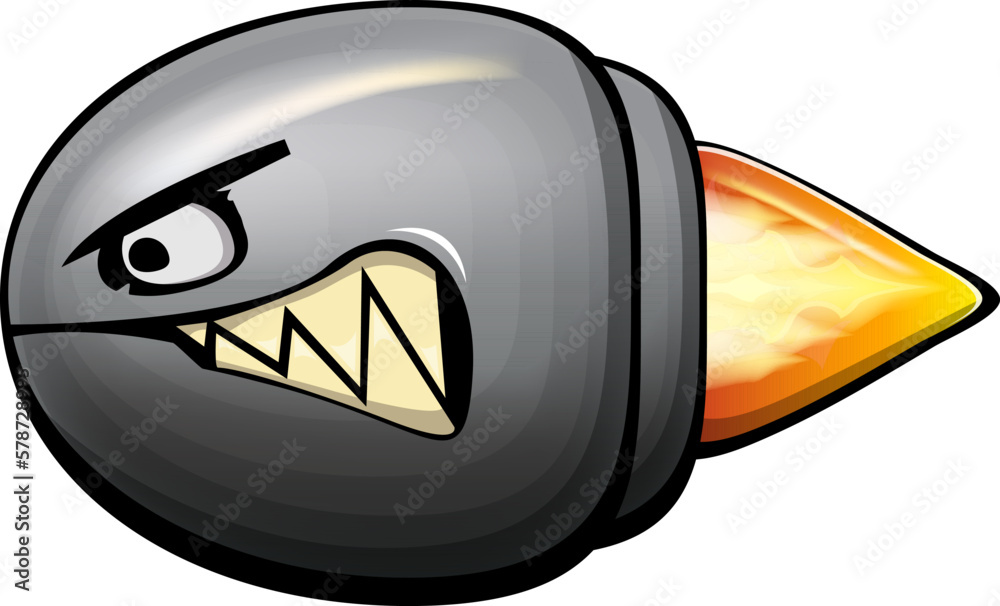 Vector cartoon gun bullet with fire bullet trail isolated on white ...