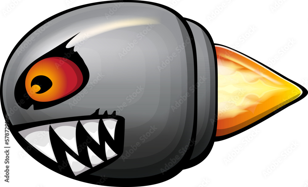 Vector cartoon gun bullet with fire bullet trail isolated on white ...