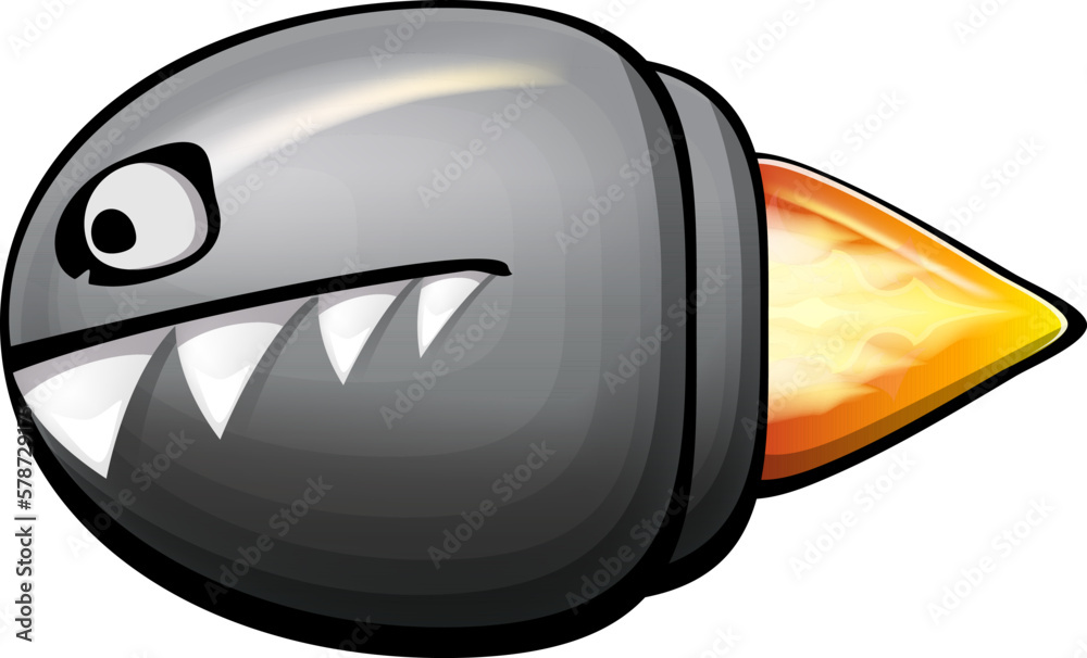 Vector cartoon gun bullet with fire bullet trail isolated on white ...