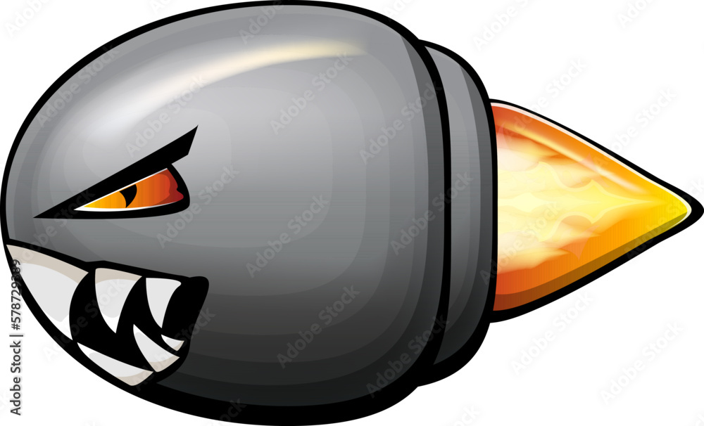 Vector cartoon gun bullet with fire bullet trail isolated on white ...