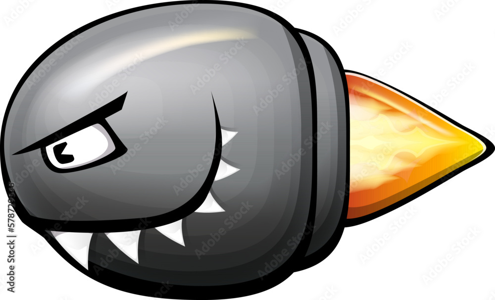Vector cartoon gun bullet with fire bullet trail isolated on white ...