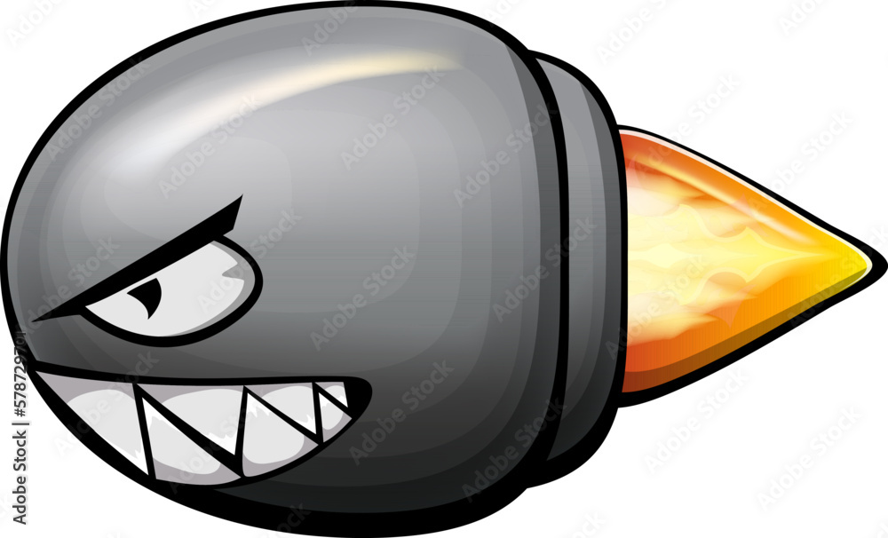 Vector cartoon gun bullet with fire bullet trail isolated on white ...