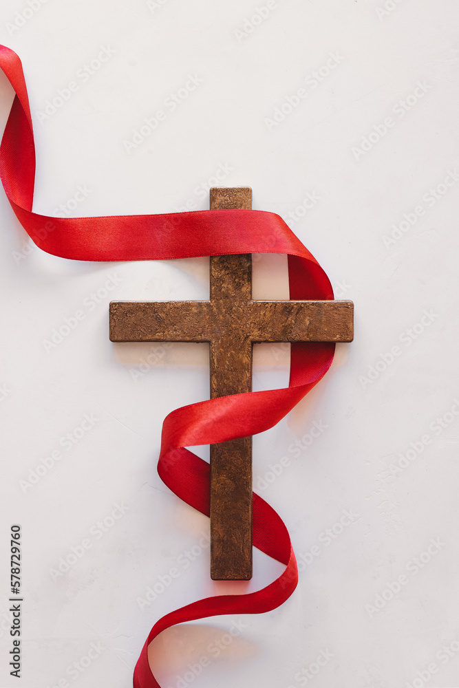 Cross with a red ribbon, a symbol of Christ. Crucifixion Of Jesus ...