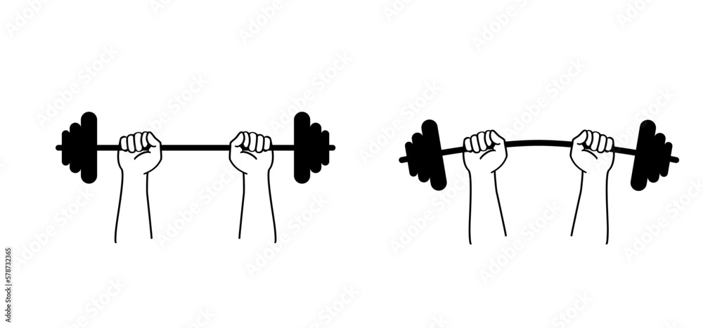 Cartoon barbell weight icon or Strength symbol. Hands lifted barbell ...