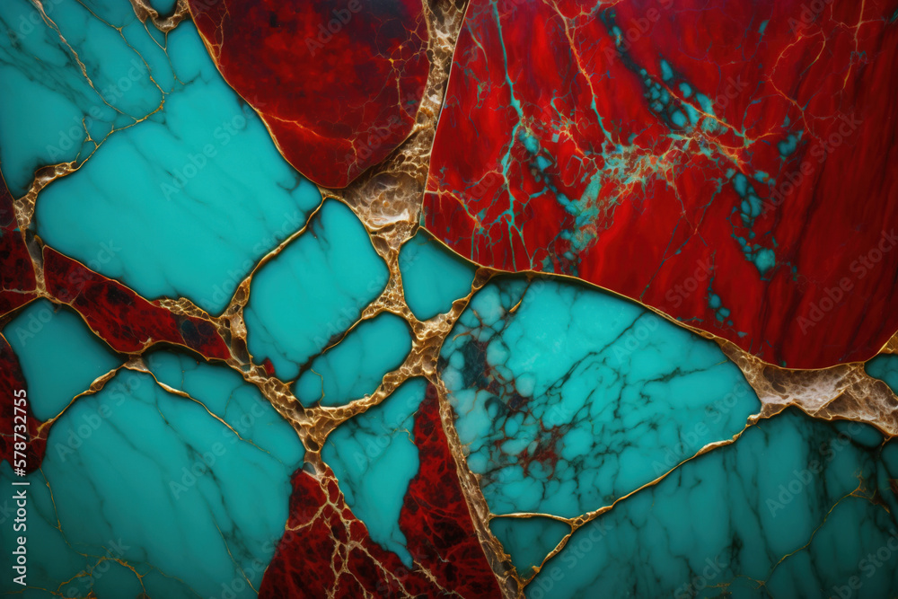 Red teal gold marble abstrack background with gold vains and cracks ...