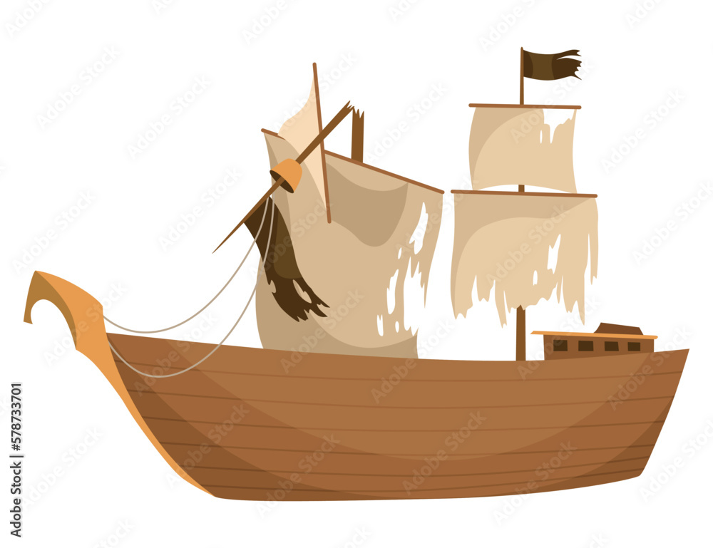 Broken ship icon. Cartoon wooden battered ship with tattered flag and ...