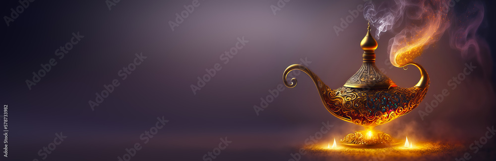 Aladdin's mysterious lamp with glowing smoke, at the time of the ...
