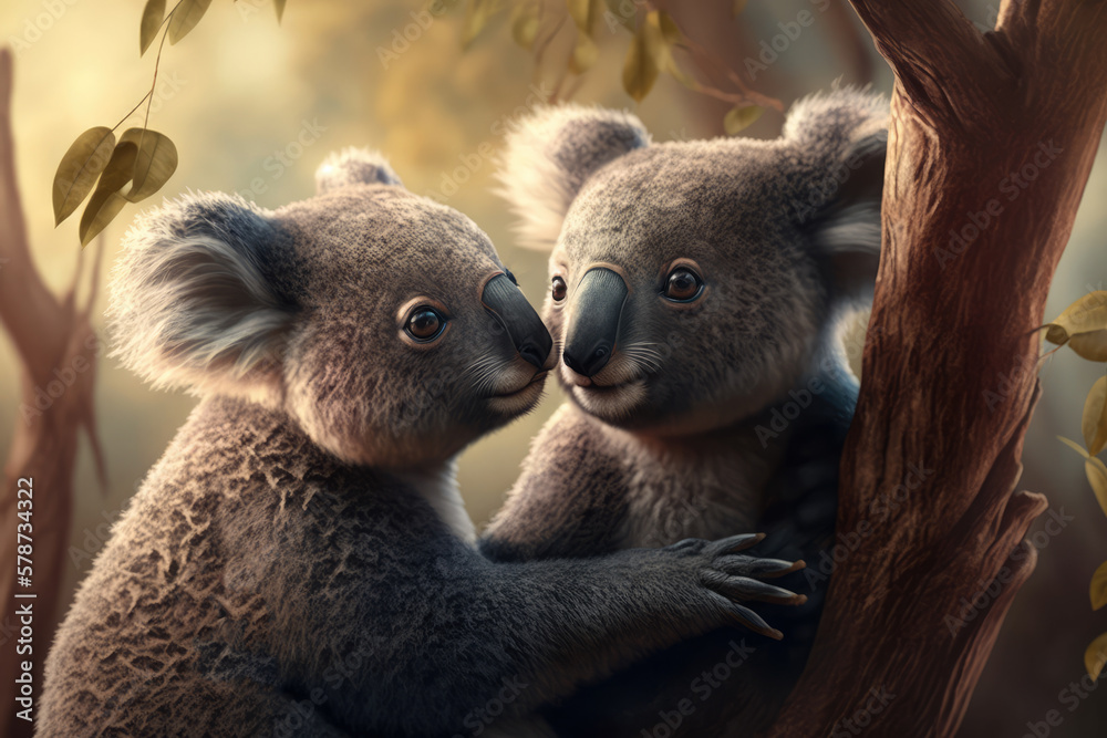 friendly encounter between two cuddly koalas nuzzling noses on a ...