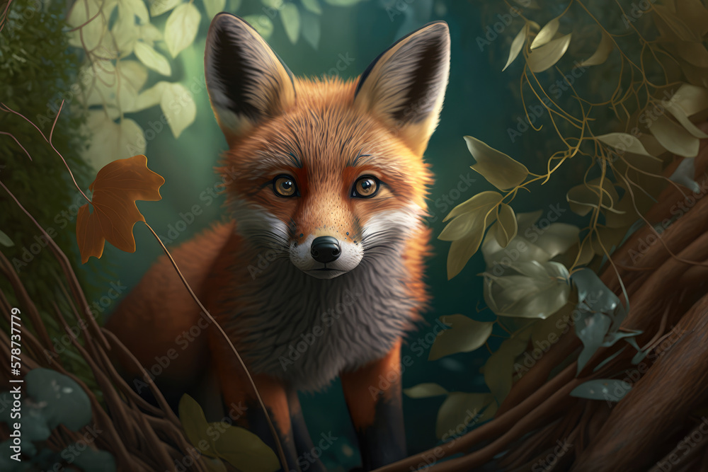 Young fox cub with a mischievous expression, peering out from behind a ...