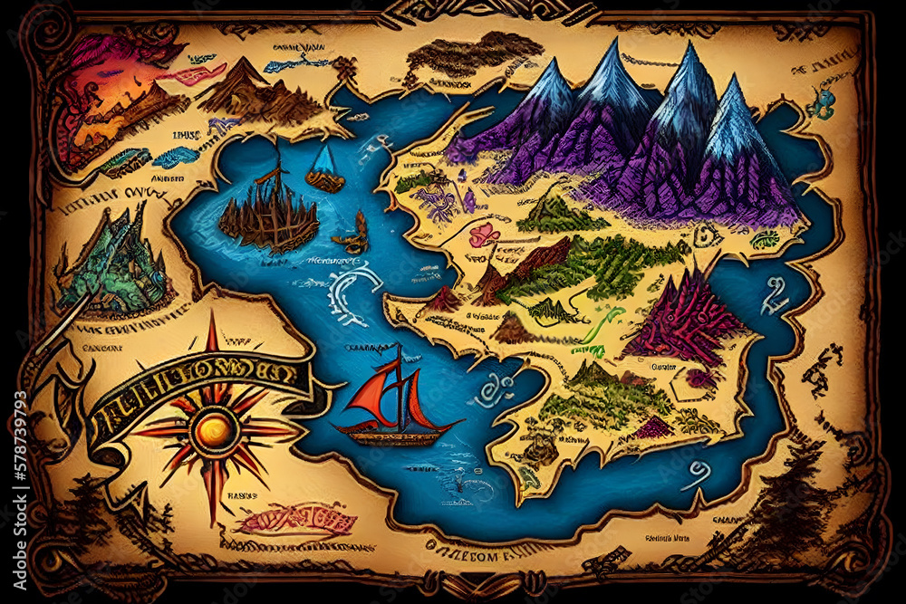 ภาพประกอบสต็อก 3D rendered fantasy map | magical world filled with lush ...